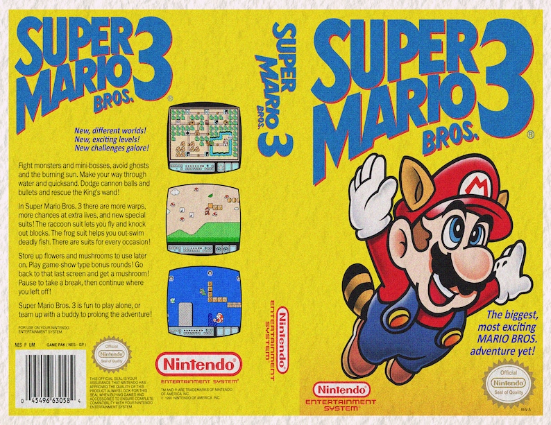 Super Mario Bros 3 Retro Nintendo NES Video Game Box Art Reproduction ...