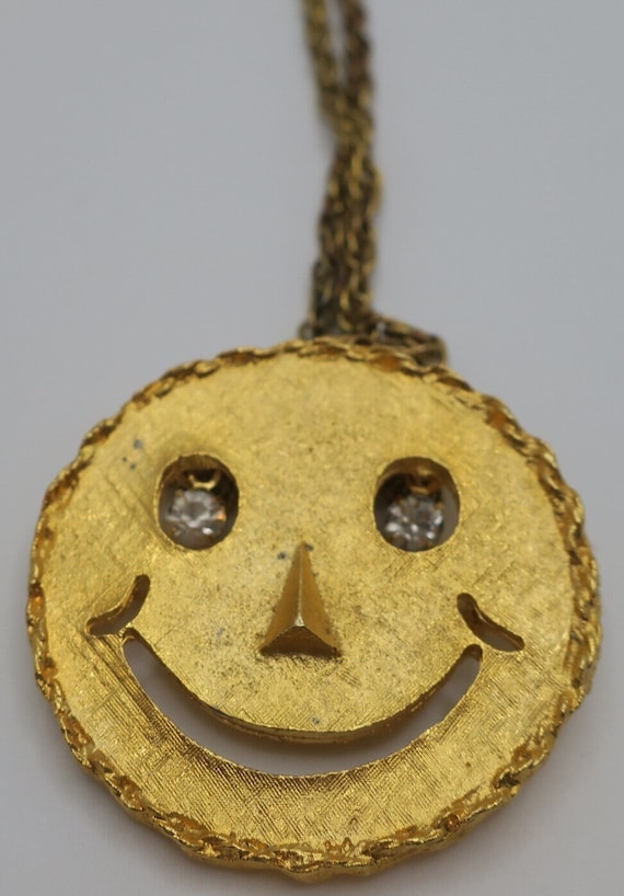 Large Gold Tone Smiley Face Necklace with clear stone… - Gem