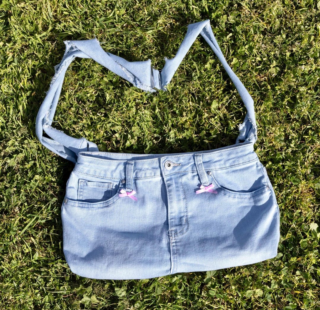 Jean Purse | Jurse | Coquette | Pink Bows | Light Wash Denim | Upcycled ...