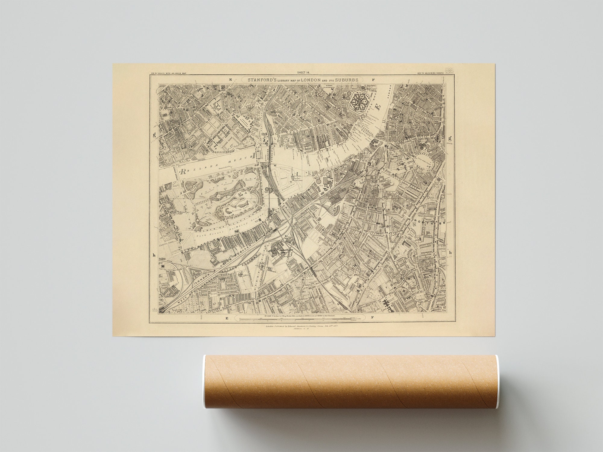 Vintage Map Print, Old South London Map Poster, 1877 Battersea, Chelsea ...