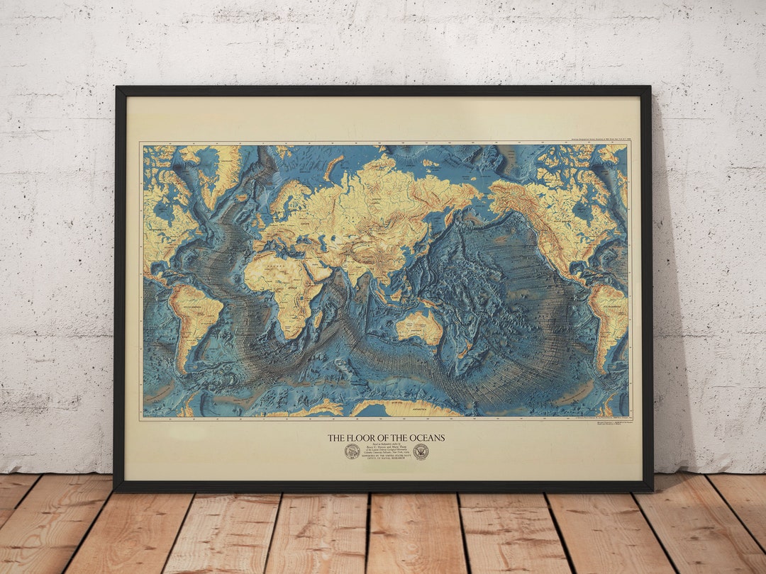 Rare Old Map Print, Ocean Floor Map, Land Relief Map by the US Navy in ...