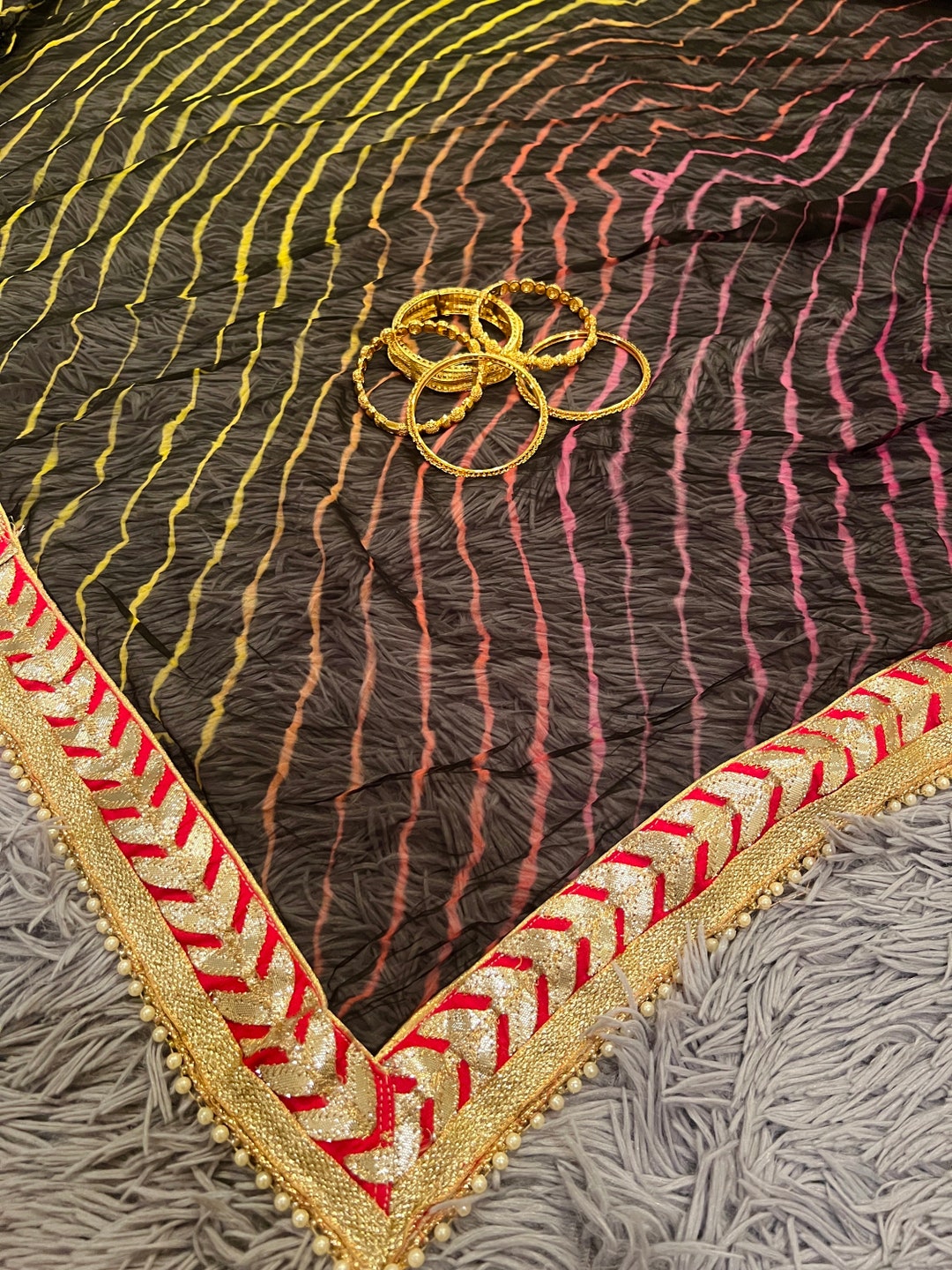 Beautiful Black Chunni Dupatta With Gold Red Embroidery and Beads for ...