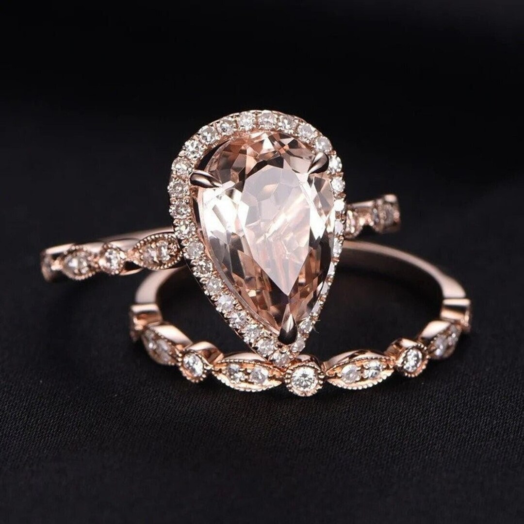 Pear Cut Morganite Engagement Unique Bridal Ring Set, 14k Solid Gold ...