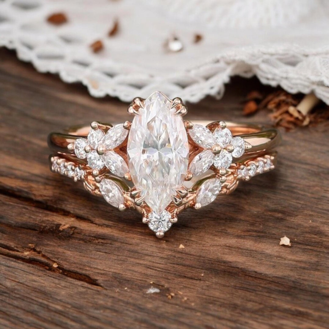 Marquise Engagement Ring Set Rose Gold,floral Cluster Wedding Ring ...