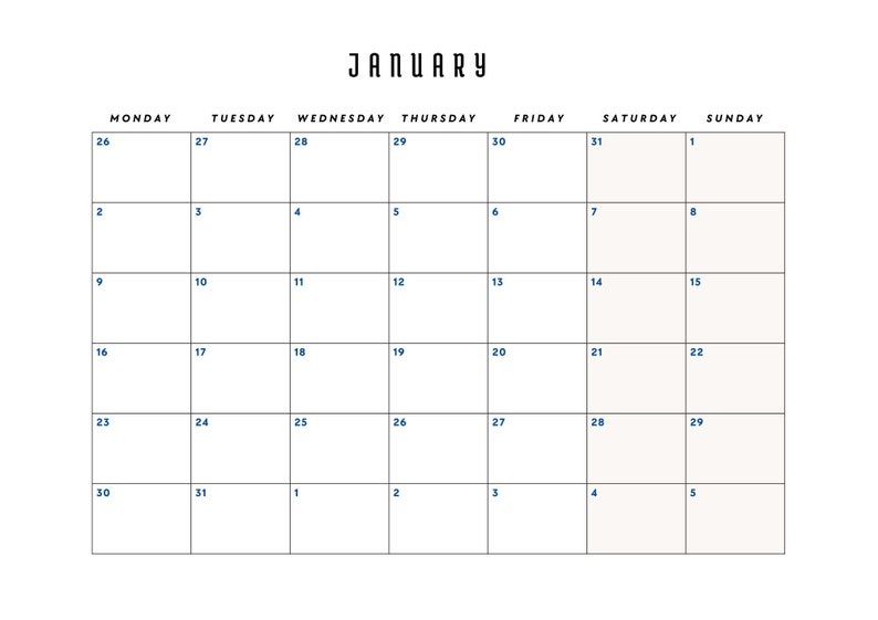 2023 Calendar, Printable, Minimalist Simple Calendar Horizontal Pages ...
