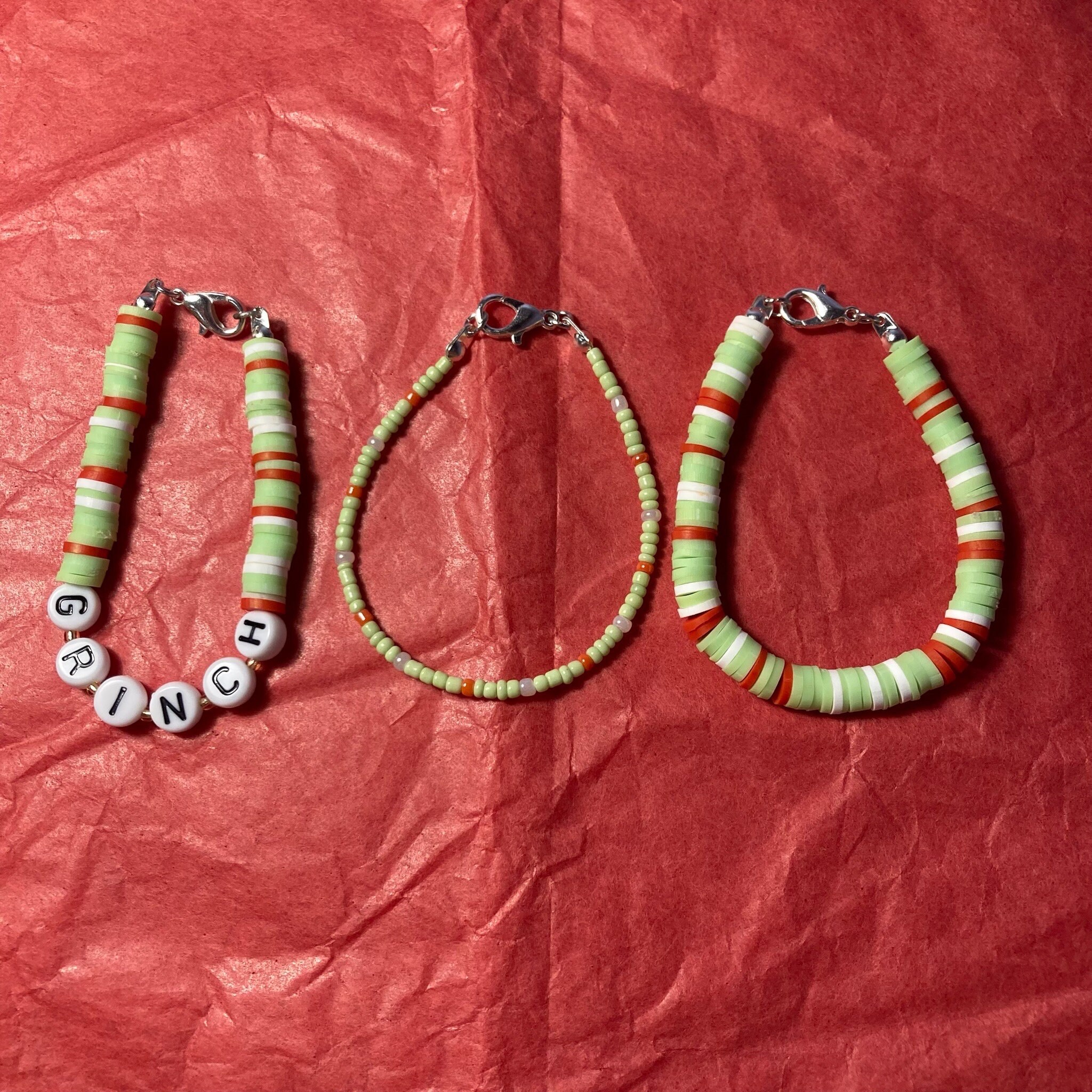 Grinch Themed Bracelet Stack | Christmas | Heishi and Seed Beads | Red ...