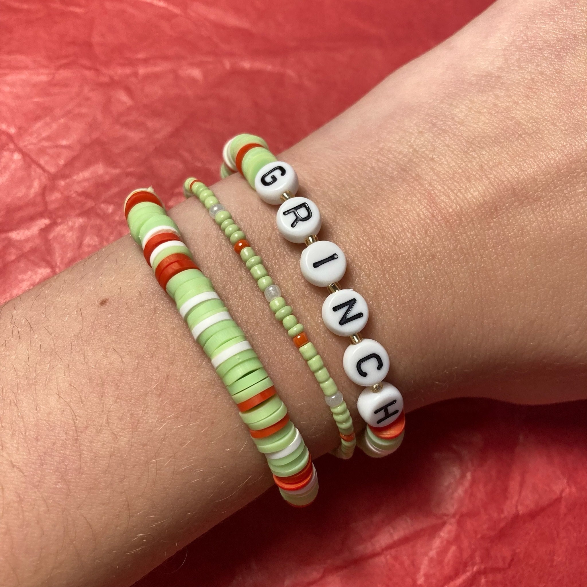 Grinch Themed Bracelet Stack | Christmas | Heishi and Seed Beads | Red ...