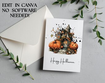 Printable Halloween Card, Pumpkin House Digital Card, Cute Pumpkin ...