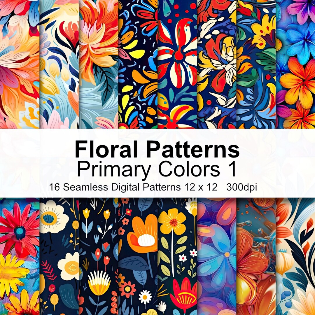 Primary Color Floral Patterns Digital Paper 1 - Etsy