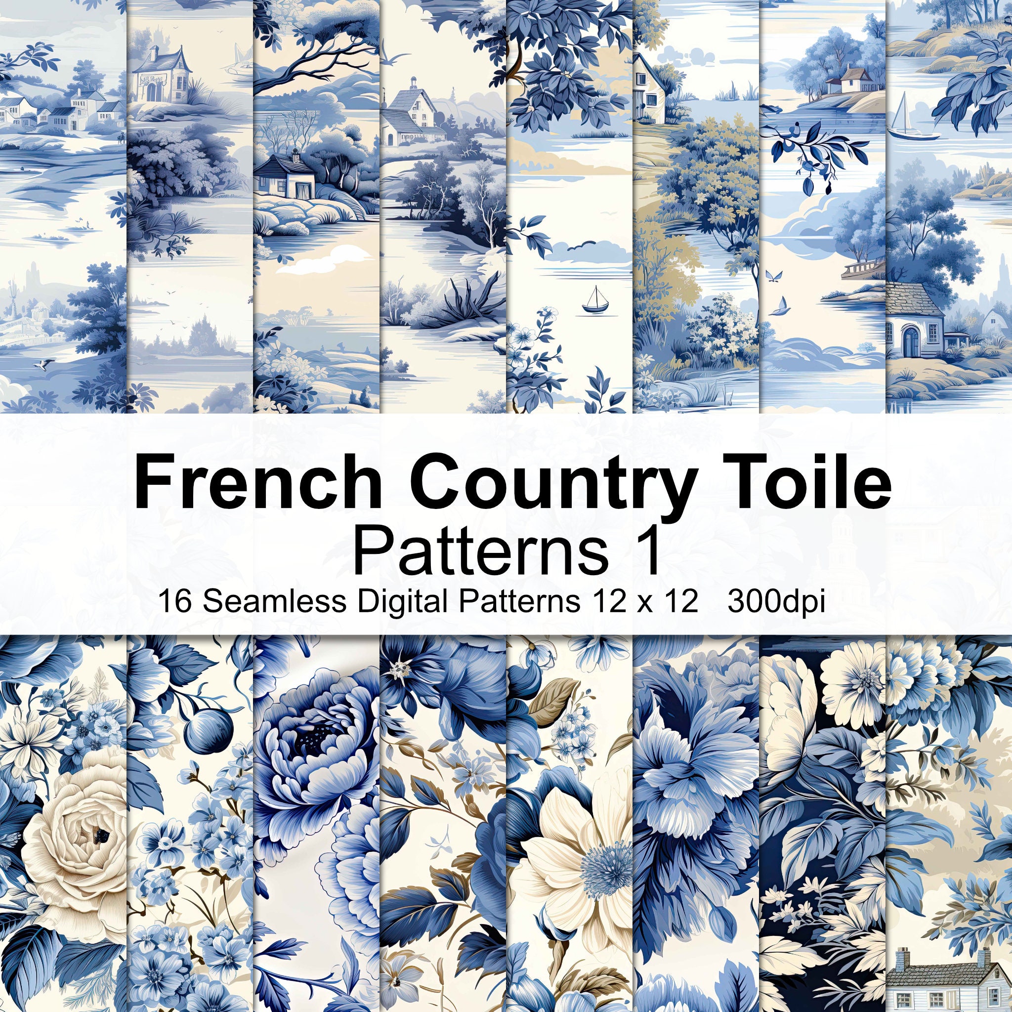 French Country Toile Patterns Digital Paper 1 - Etsy