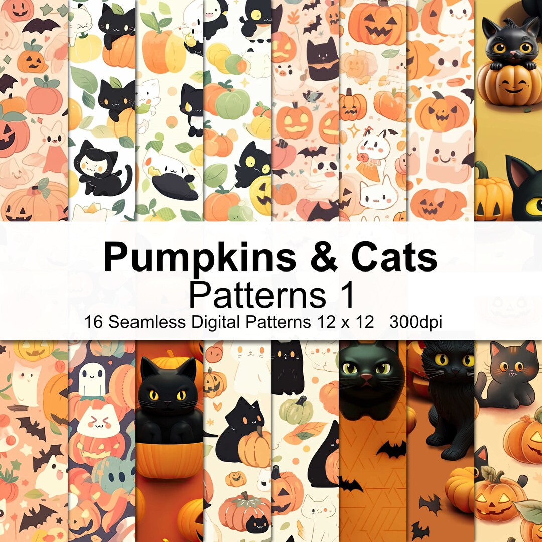 Pumpkin Cat Patterns Digital Paper 1 - Etsy