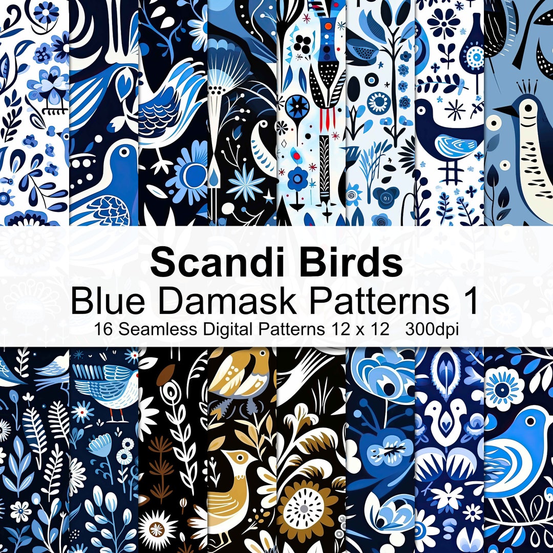 Scandi Bird Blue Damask Patterns Digital Paper 1 - Etsy