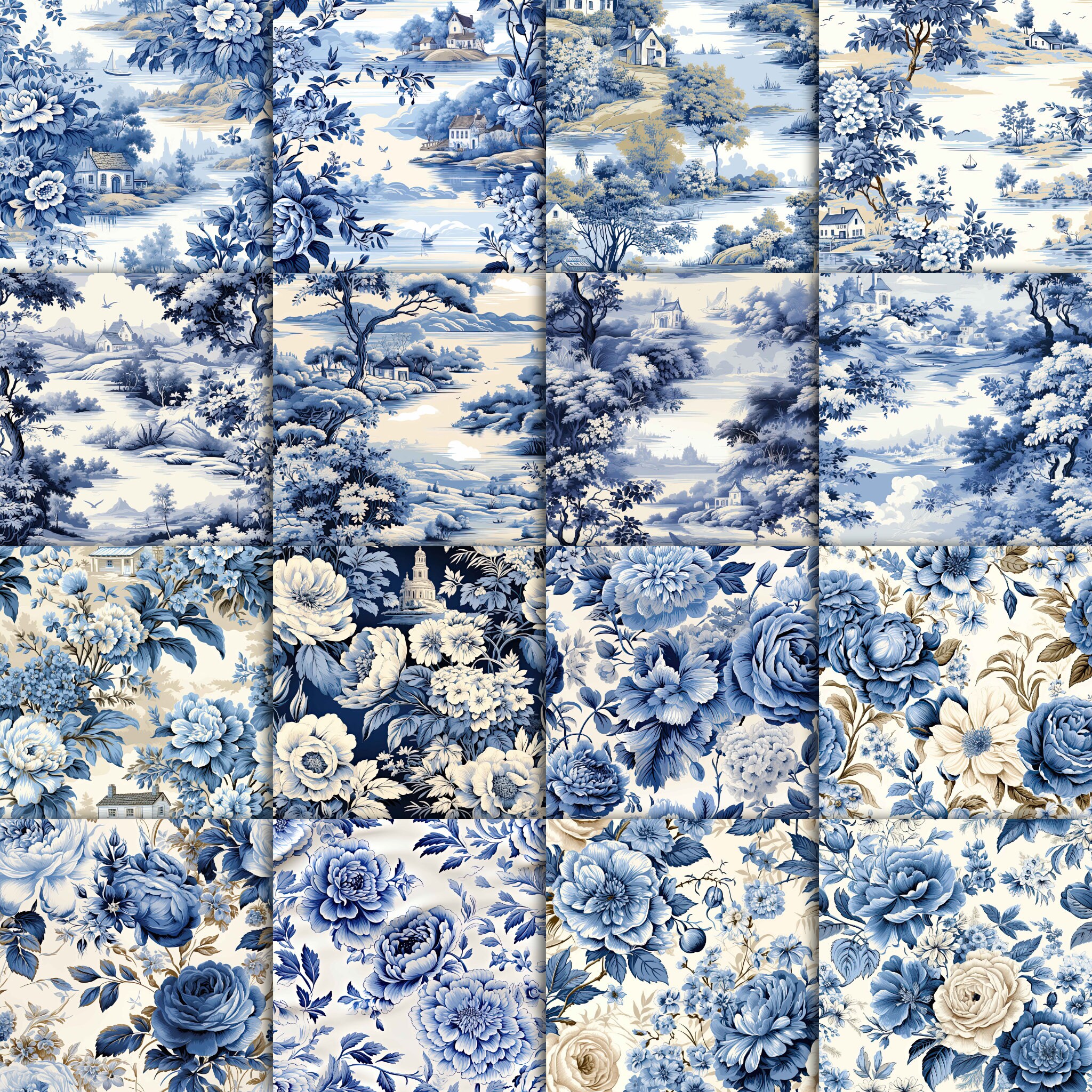 French Country Toile Patterns Digital Paper 1 - Etsy