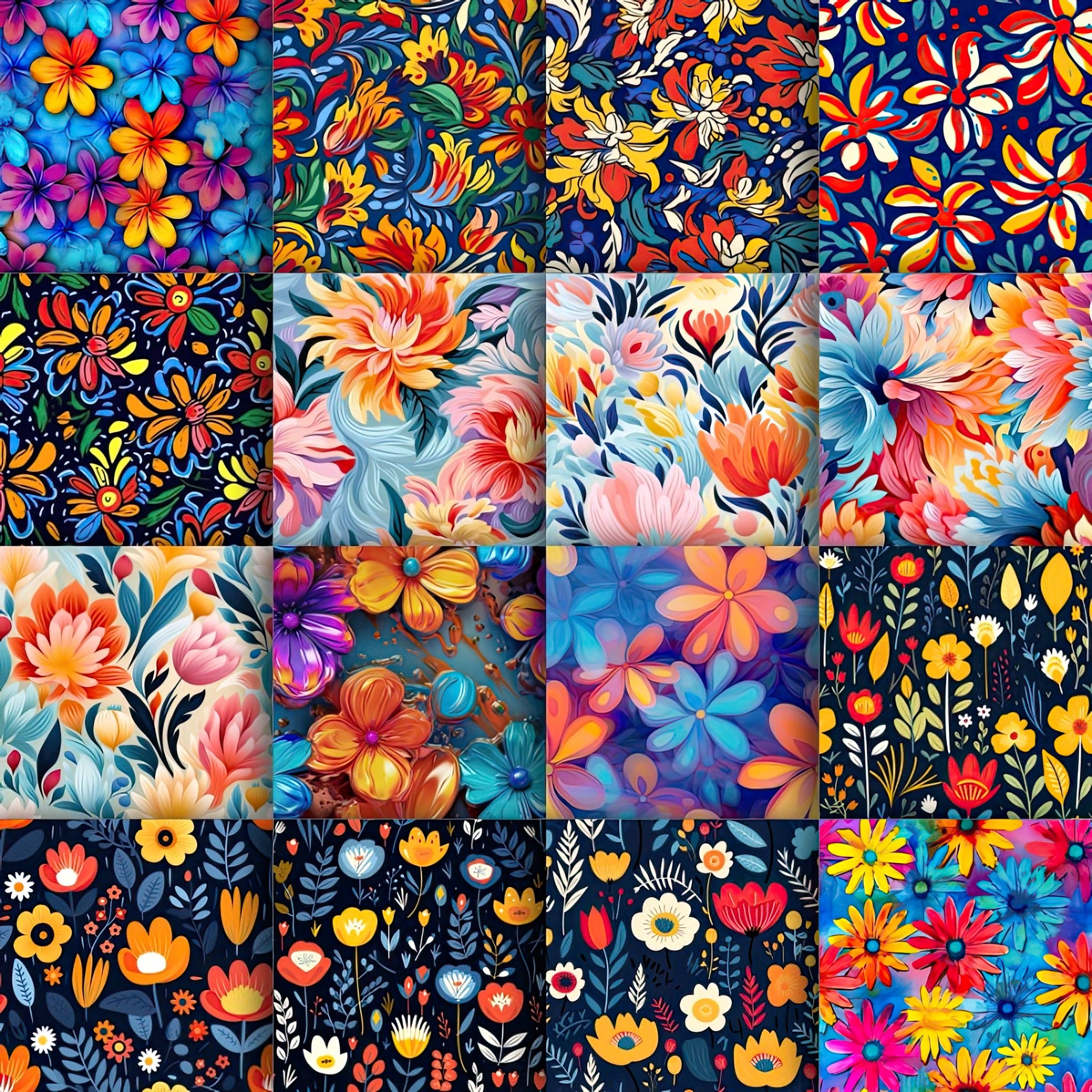 Primary Color Floral Patterns Digital Paper 1 - Etsy