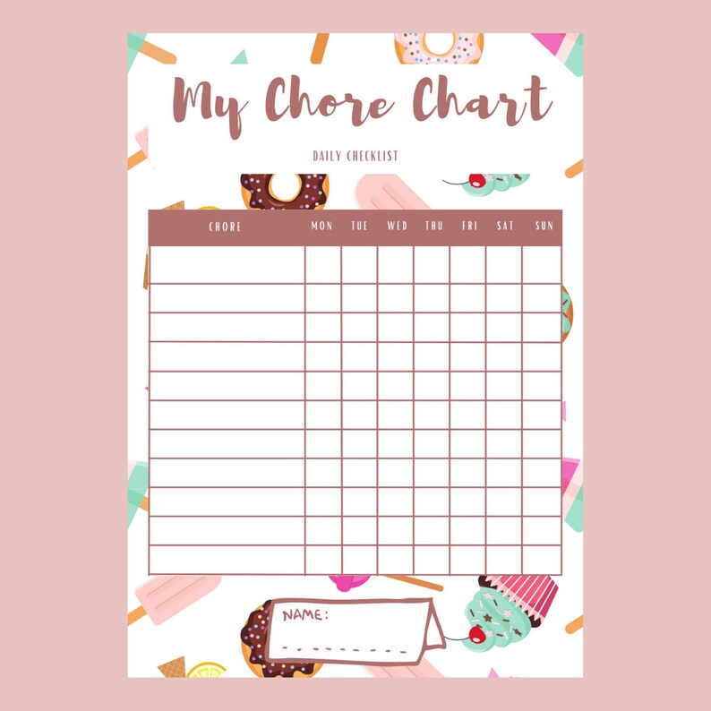 Girls Chore Chart Instant Download PDF File Kids Digital Weekly Chore ...