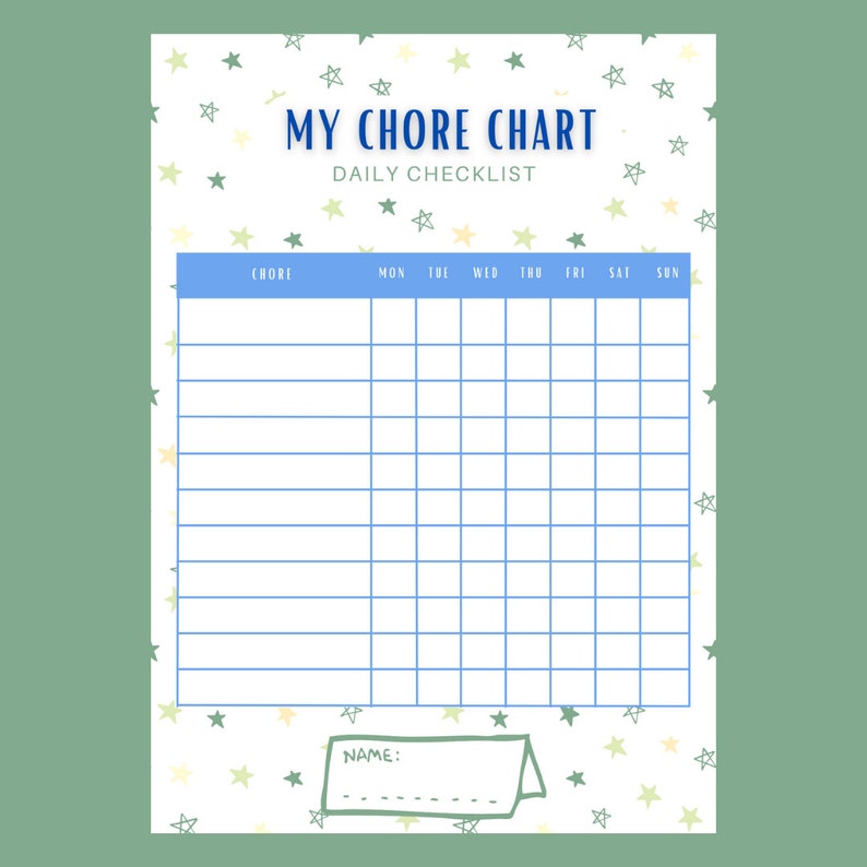Boys Chore Chart Instant Download PDF File Kids Digital Weekly Chore ...