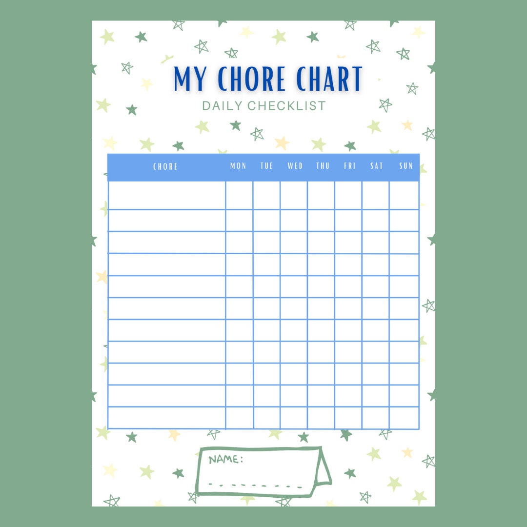 Boys Chore Chart Instant Download PDF File Kids Digital Weekly Chore ...