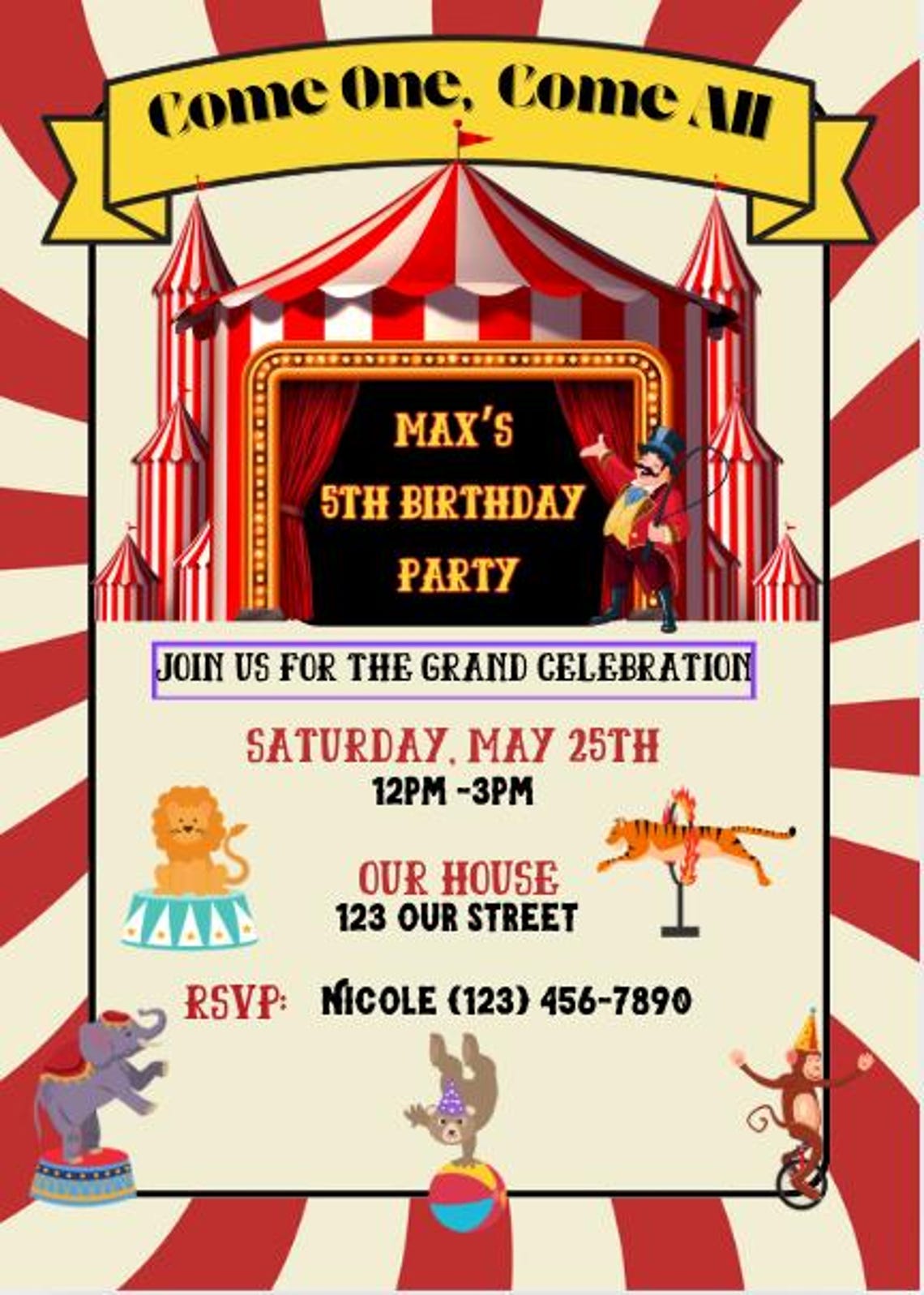 Editable Circus Theme Birthday Invitation, Printable Birthday Party ...