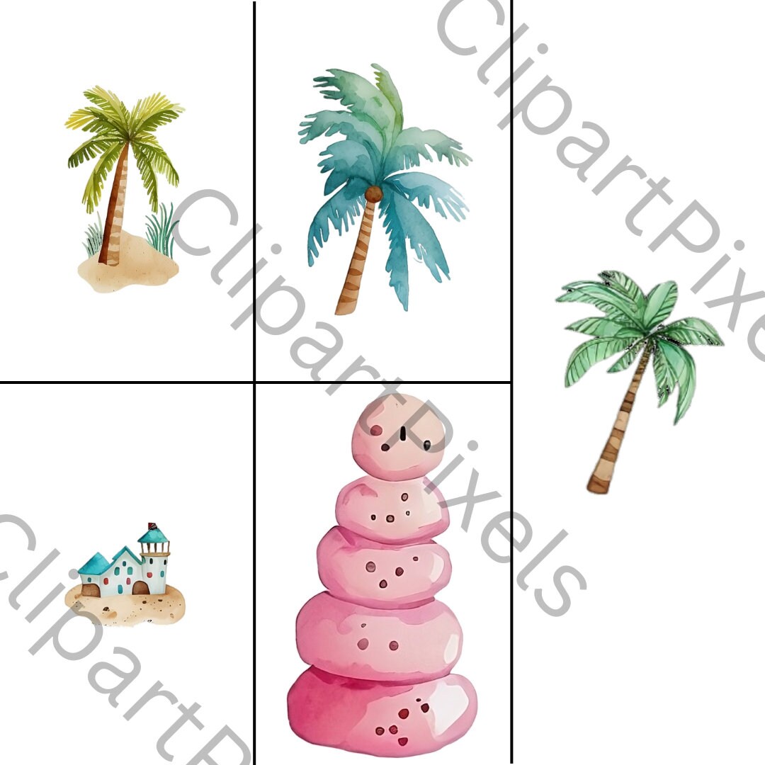 Watercoloured Beach Clipart Set - Palm Trees | Sandcastles | Beach ...