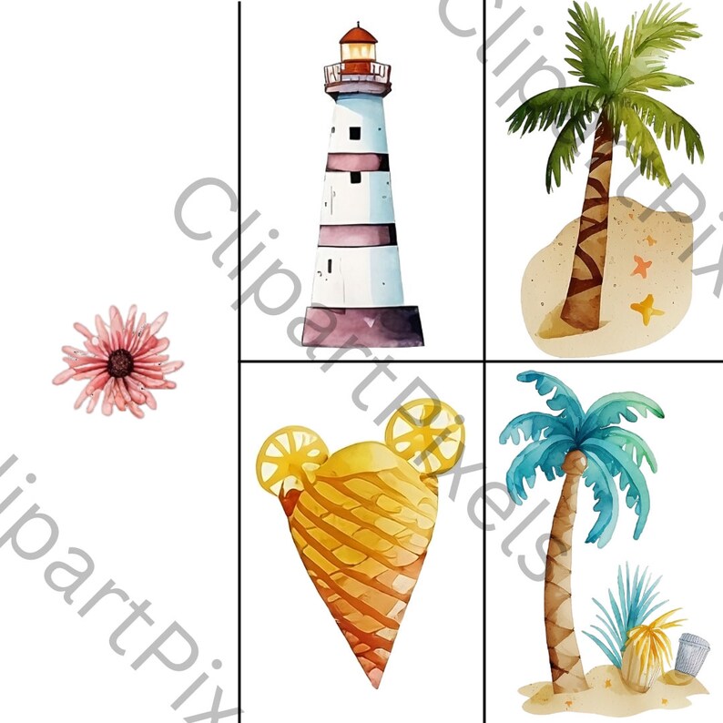 Watercoloured Beach Clipart Set - Palm Trees | Sandcastles | Beach ...