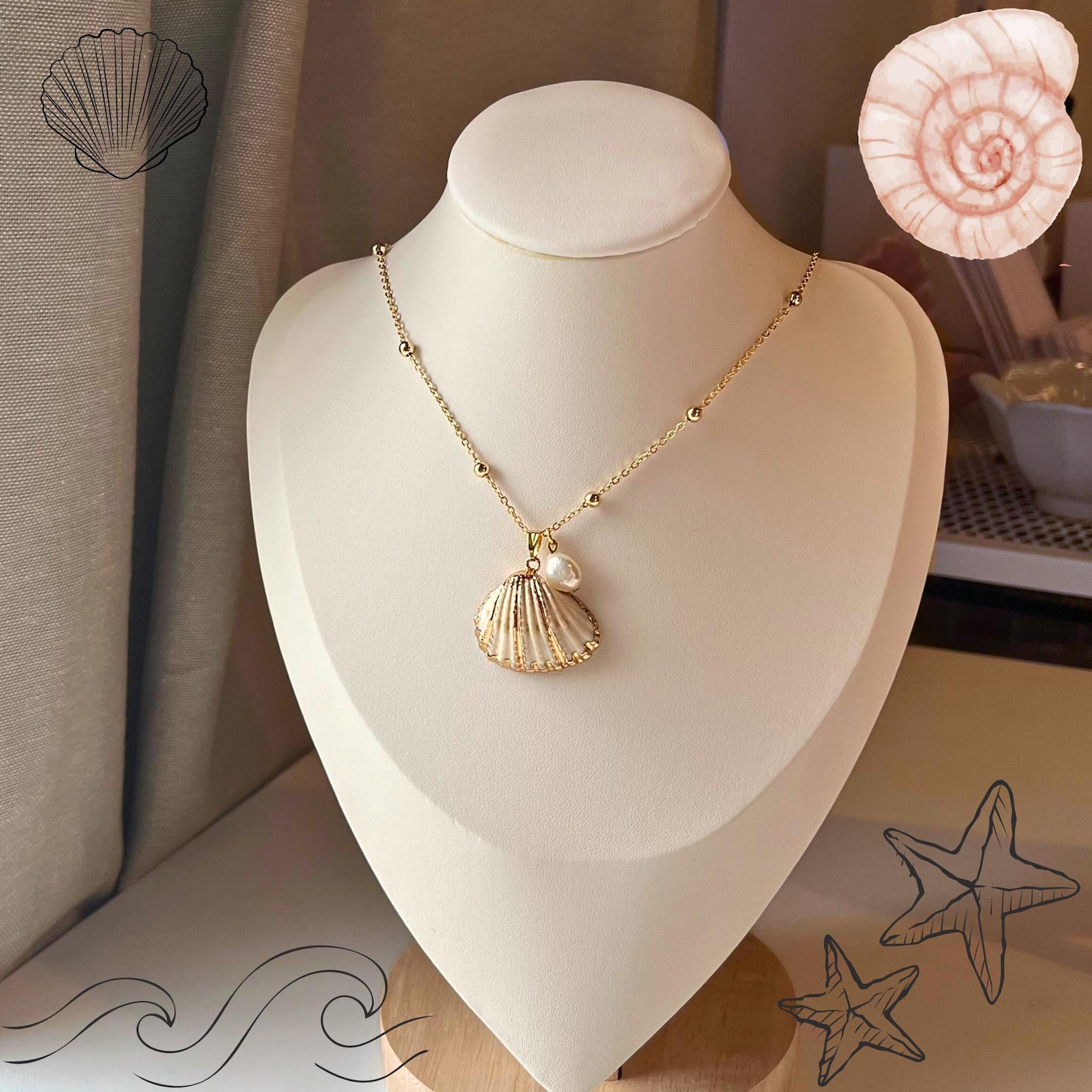 24k Gold Seashell Necklace: Freshwater Pearl Coastal Jewelry - Etsy