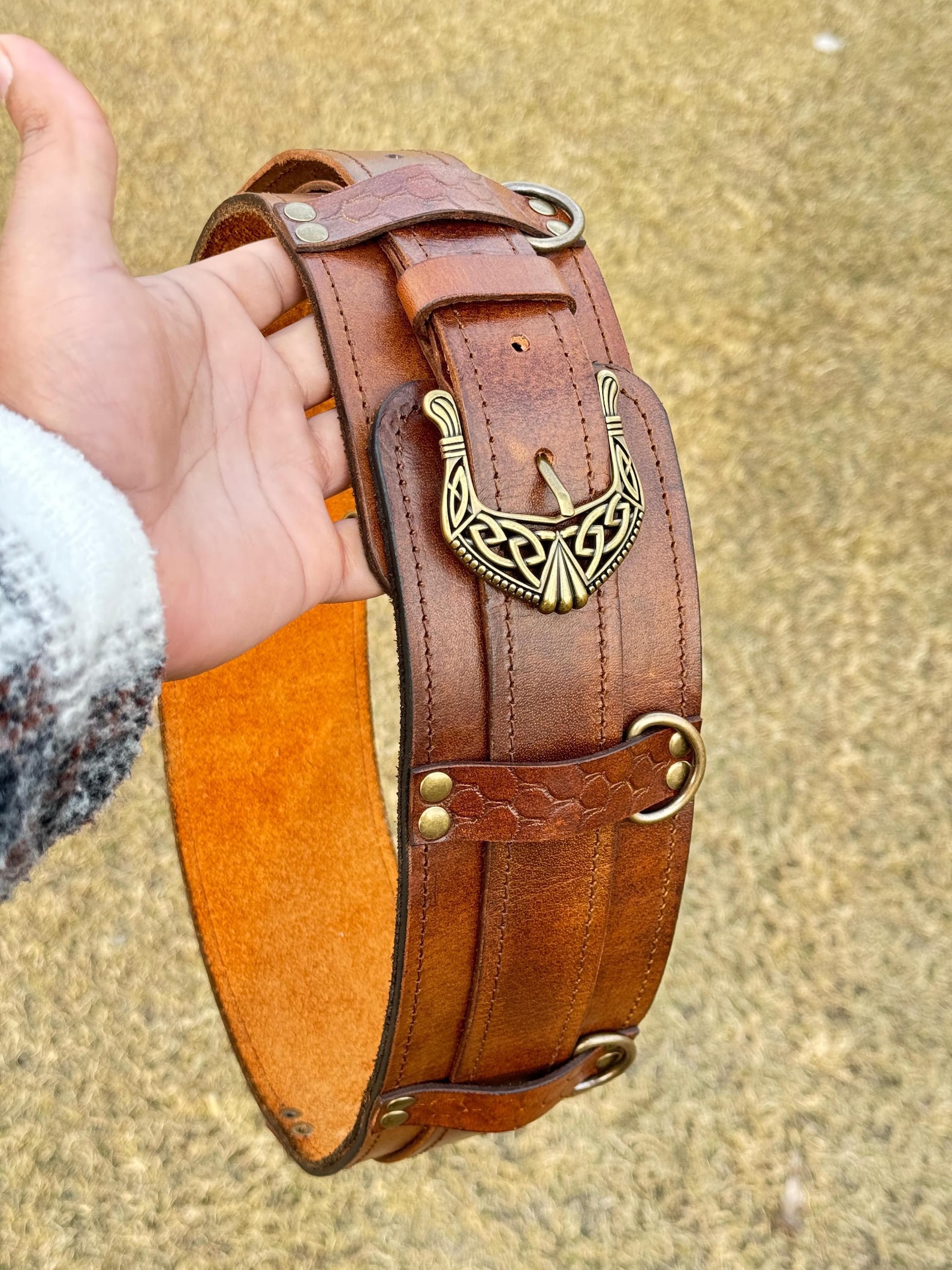 Handmade Wide Leather Belt, Antique Brass Buckle, Medieval Viking ...