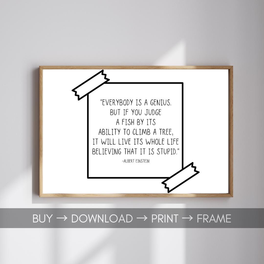 Everybody is a Genius Wall Art, Albert Einstein Motivational Quote ...