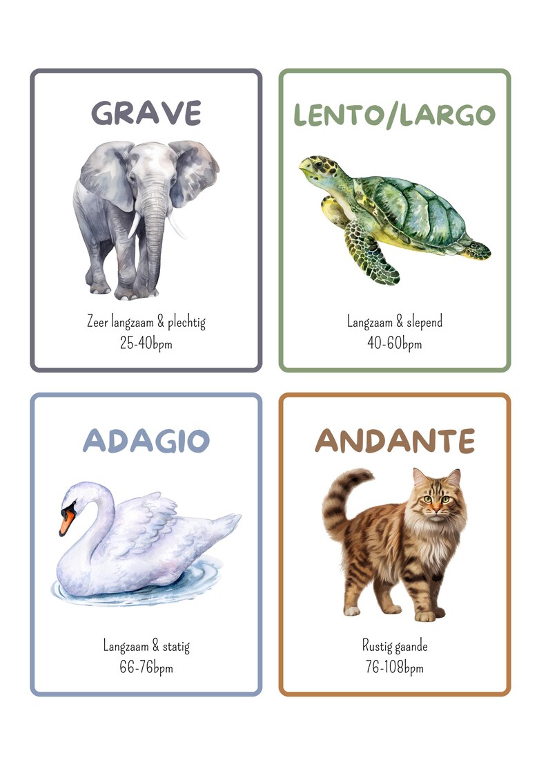 Music Tempo Flashcards With Animals – Printable Educational Cards for ...