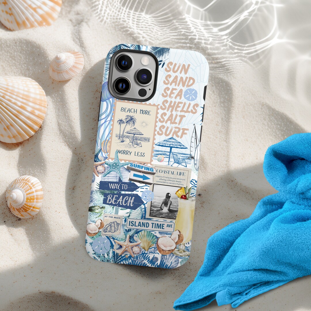 Summer Beach Phone Case, Seashell Tropical Collage Inspired Cover iPhone 15 14 13 12 11 Pro Max ...