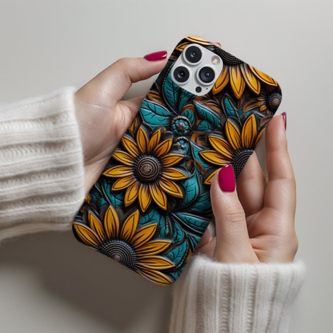 Western Phone Case, Fall Sunflower Tooled Faux Leather Flower Effect, Magsafe Phone Case, iPhone ...