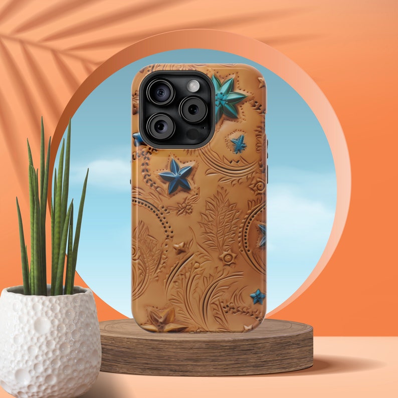 Western Tooled Leather Effect Magsafe iPhone Case, Turquoise Celestial ...