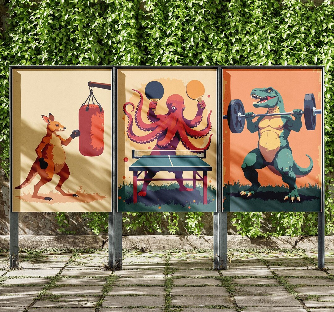 Gym Animal Wall Art Bundle (set of 5) | T-rex Weightlifting, Boxing ...