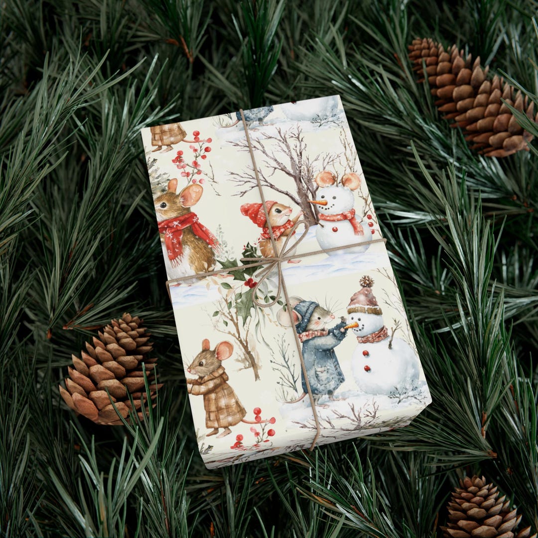 Mouse Christmas Wrapping Paper, Cute Mice Holiday Gift Wrap, Woodland ...