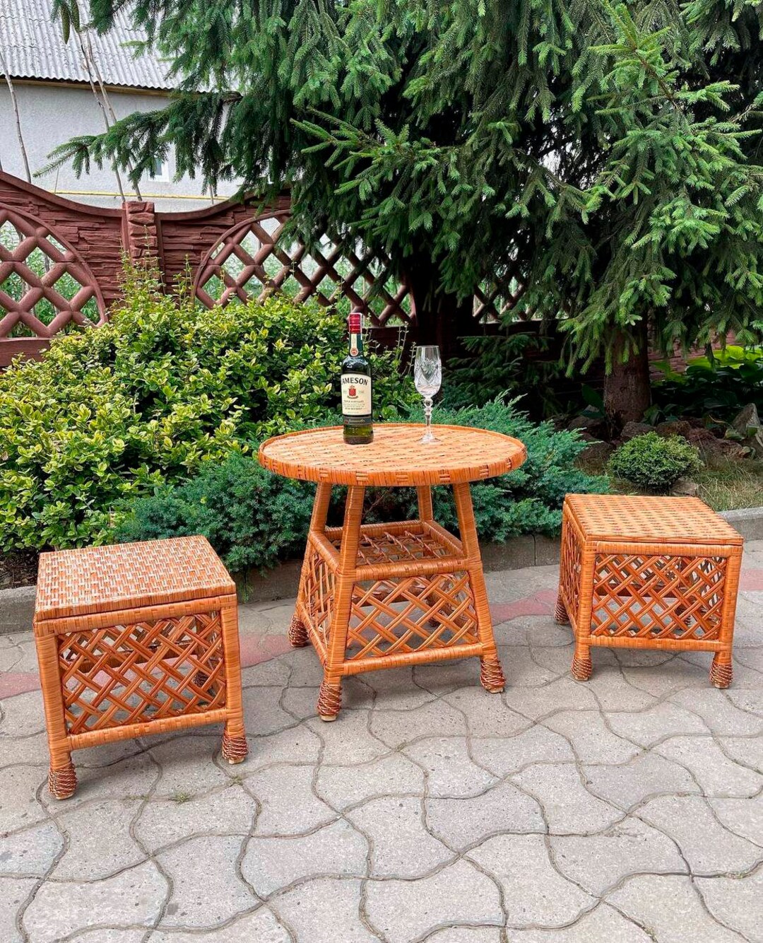 Boho Furniture, Wicker Set (table + 2 Ottoman), Wicker Coffee Table ...