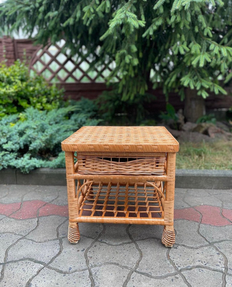 Square Wicker Small Rattan Coffee Table With Shelf, Boho Furniture ...