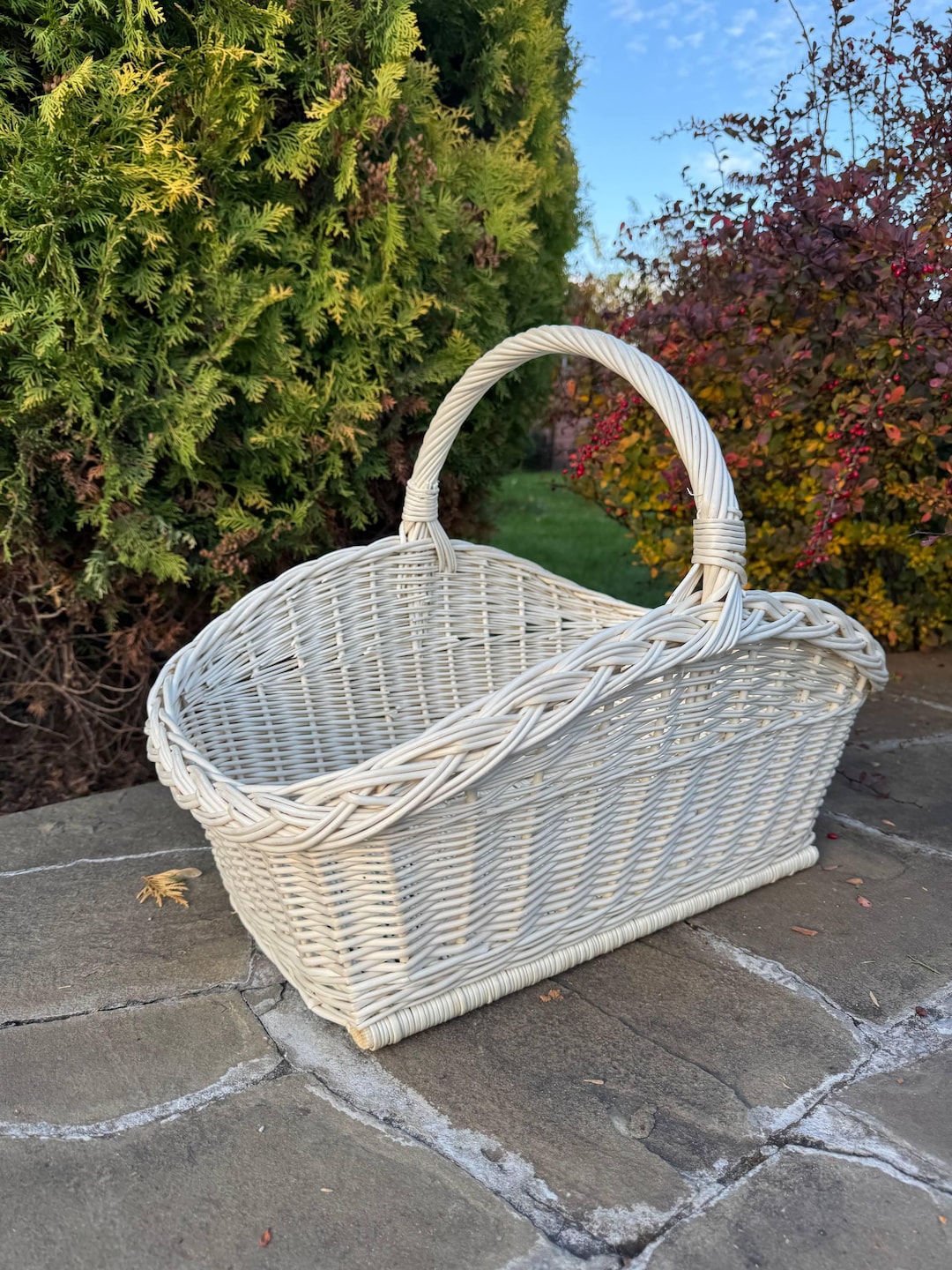 White Wicker Firewood Basket, Handmade Picnic Basket, Wicker Log Basket ...
