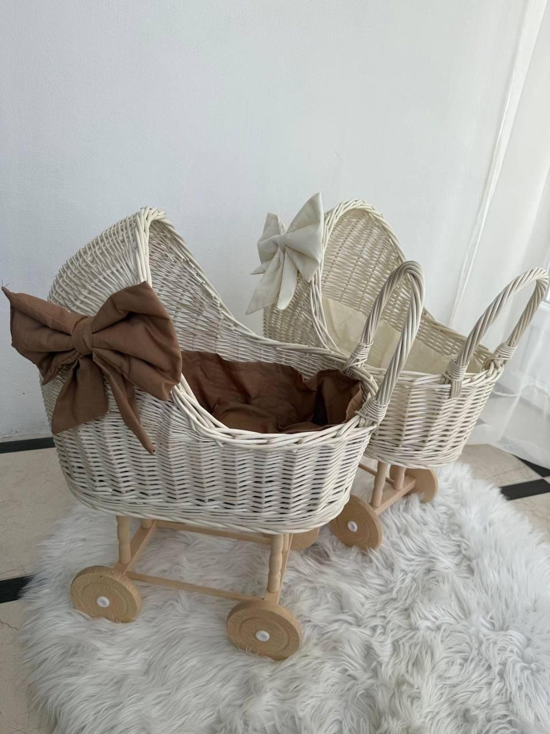 Wicker Baby Carriage Handmade Lined Doll Pram Rattan Bassinet Flower ...