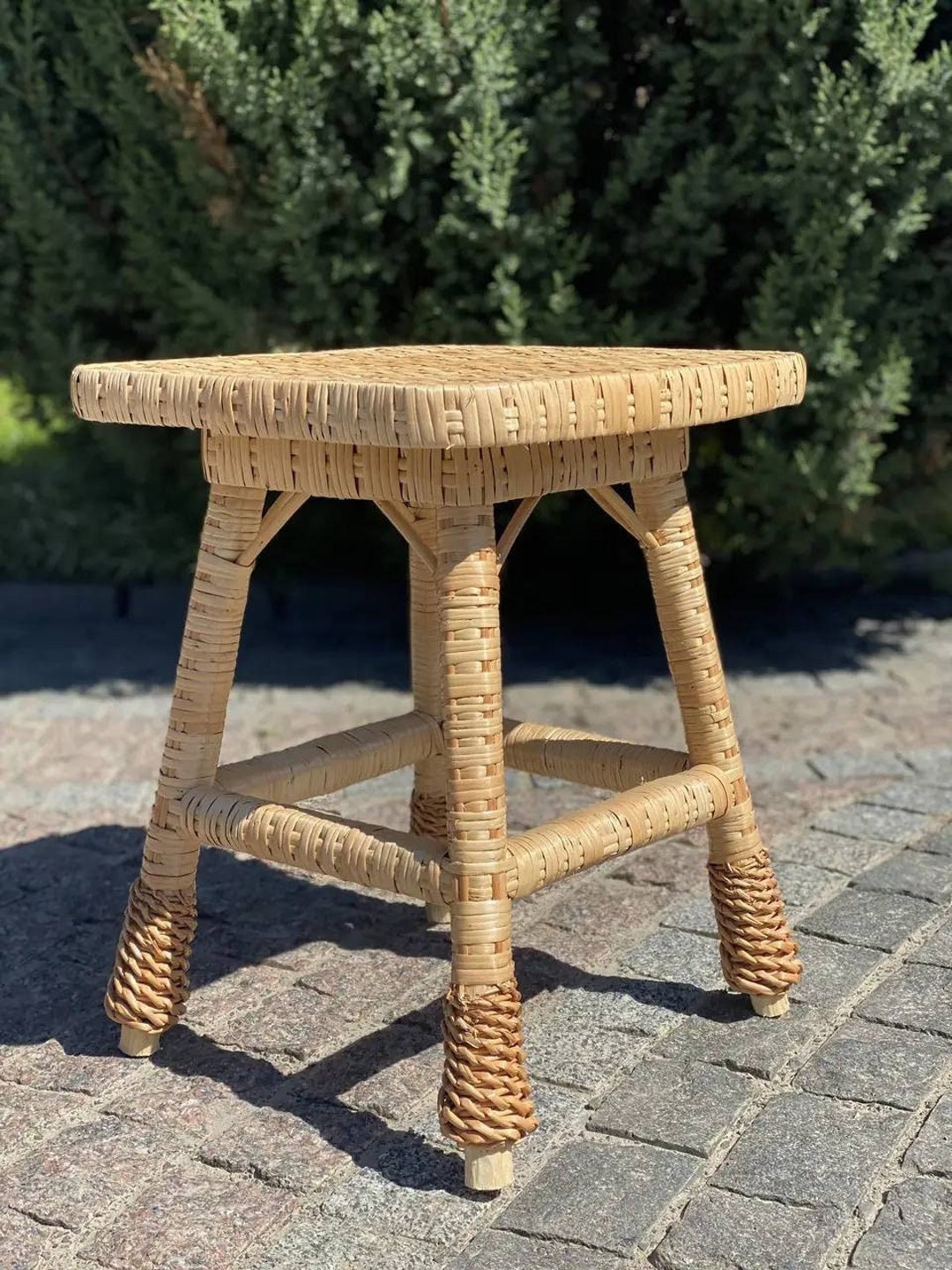 Wicker Stool Boho Rustic Stool Small Wooden Stool Wooden Stool Woven ...