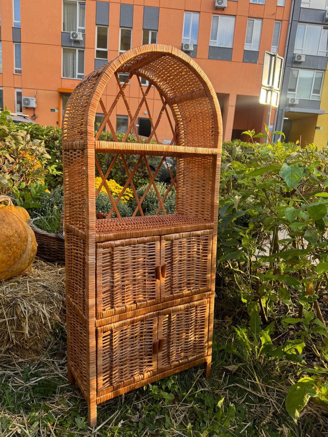 Arched Wicker Cabinet With Doors Ecofriendly Wicker Shelf Plant Stand ...