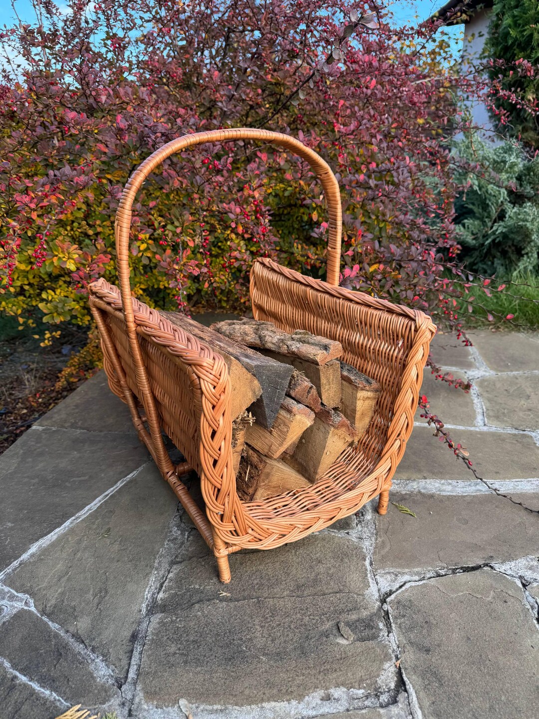 Rustic Wicker Firewood Basket, Handmade Firewood Holder, Log Basket ...