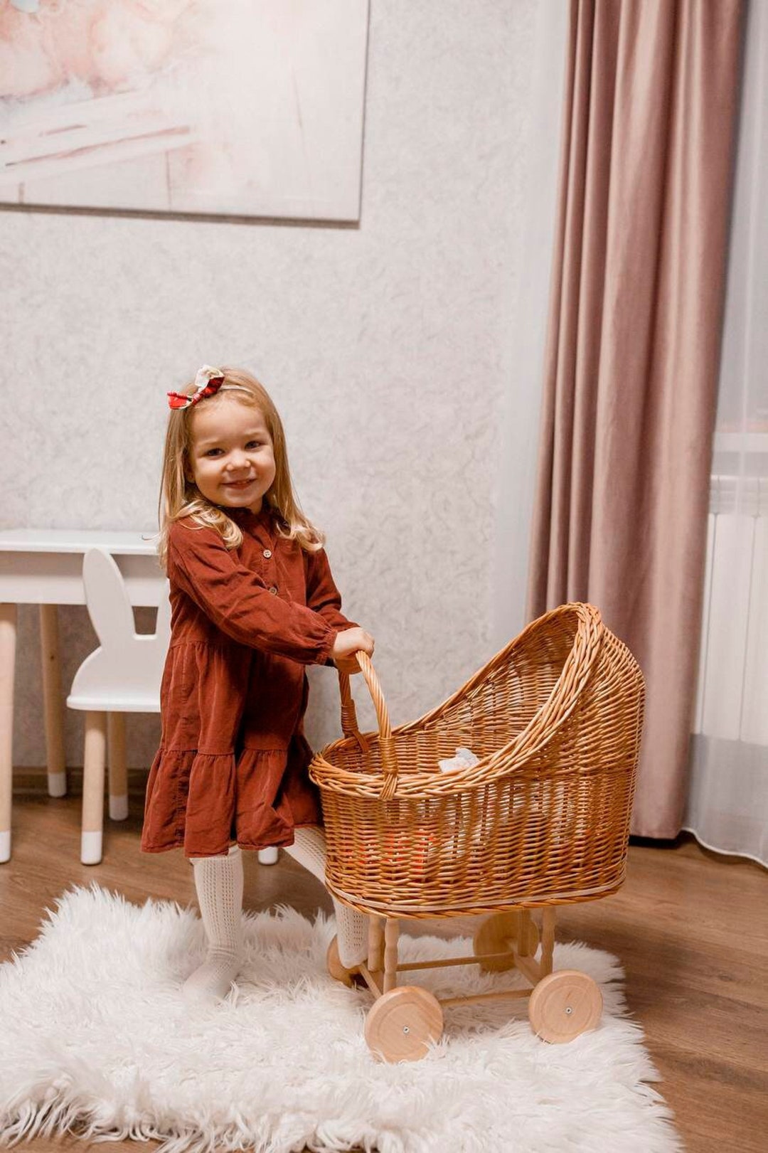 Wicker Baby Carriage Doll Pram Wicker Stroller Doll Trolley Baby Girl ...