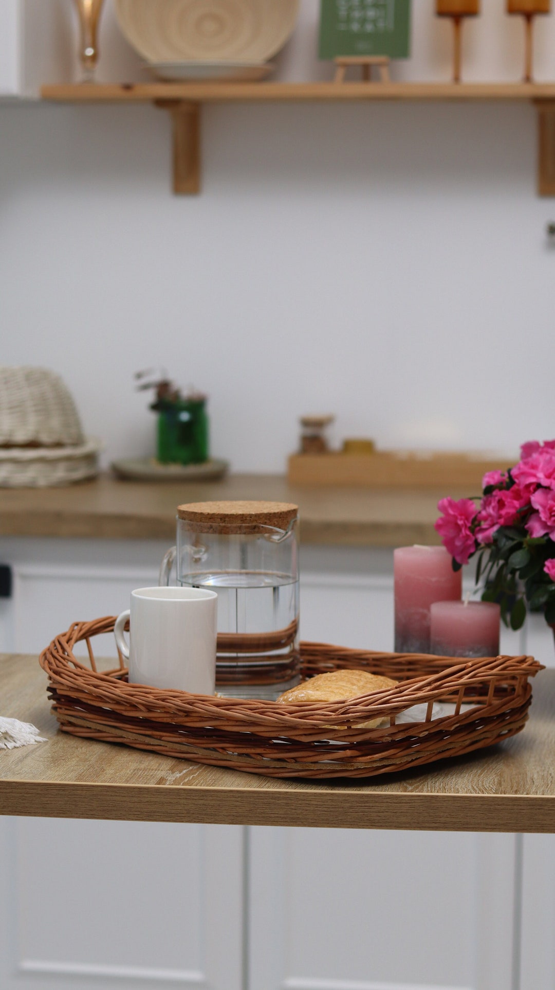 Basket Tray, Wood Food Tray Kitchen, Wicker Serving Tray, Wood Tray ...
