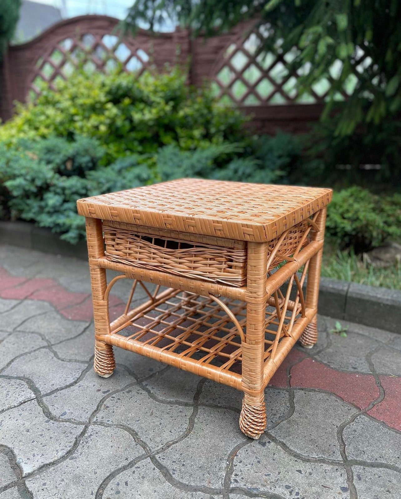 Square Wicker Small Rattan Coffee Table With Shelf, Boho Furniture ...