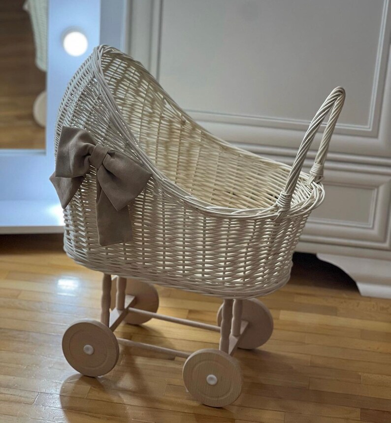White Wicker Doll Pram, Doll Stroller, Baby Wicker Stroller, Wood Baby ...