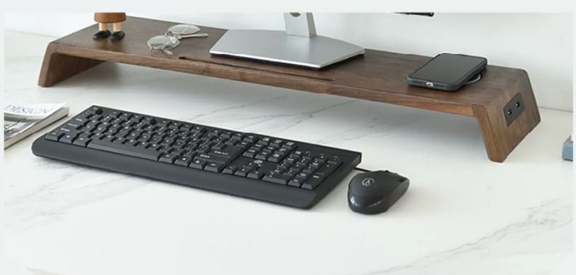 Solid Wood Monitor Stand Elevated Computer Desktop Storage With USB ...