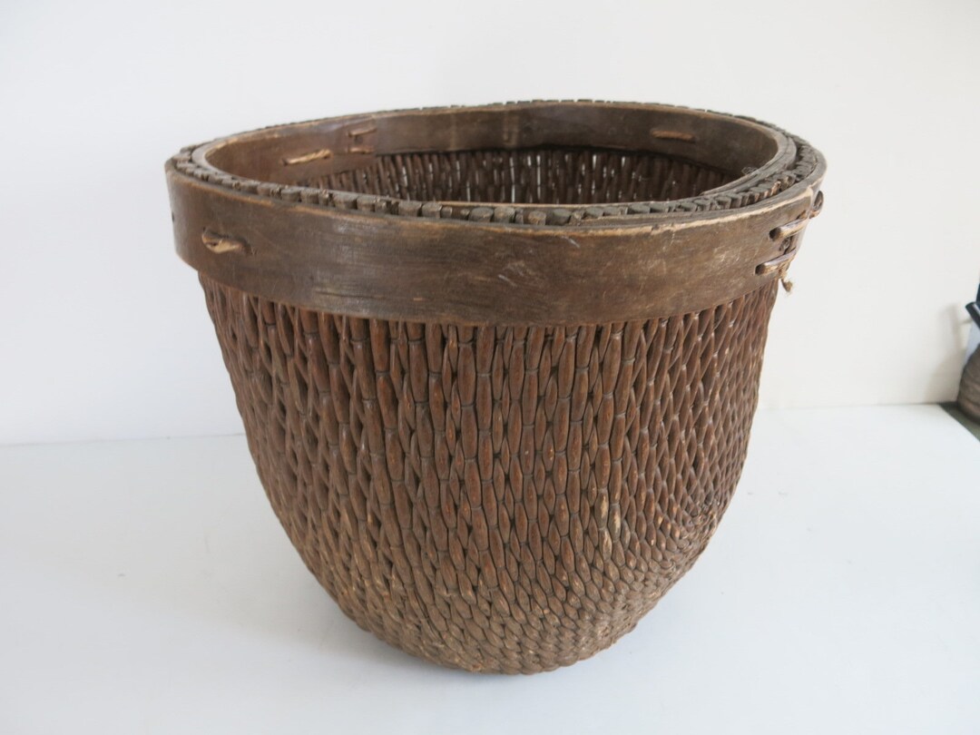 Chinese River Reed Basket With Wood Collar Ca. 1900 - Etsy