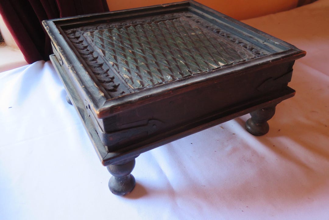 Carved India Bajot Tea Table With Iron Strap Corners - Etsy