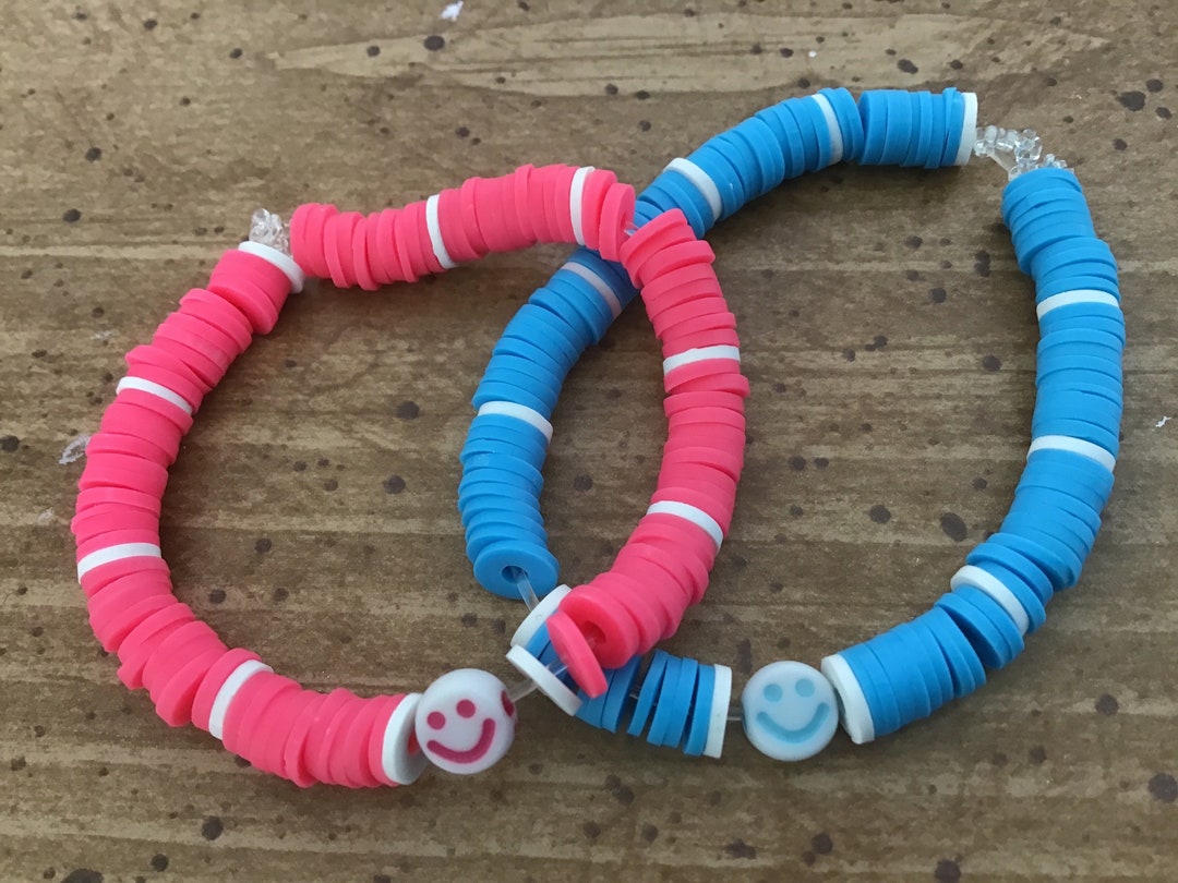 Two Piece Preppy Aesthetic Smiley Face Blue Plus Pink Bracelet and ...