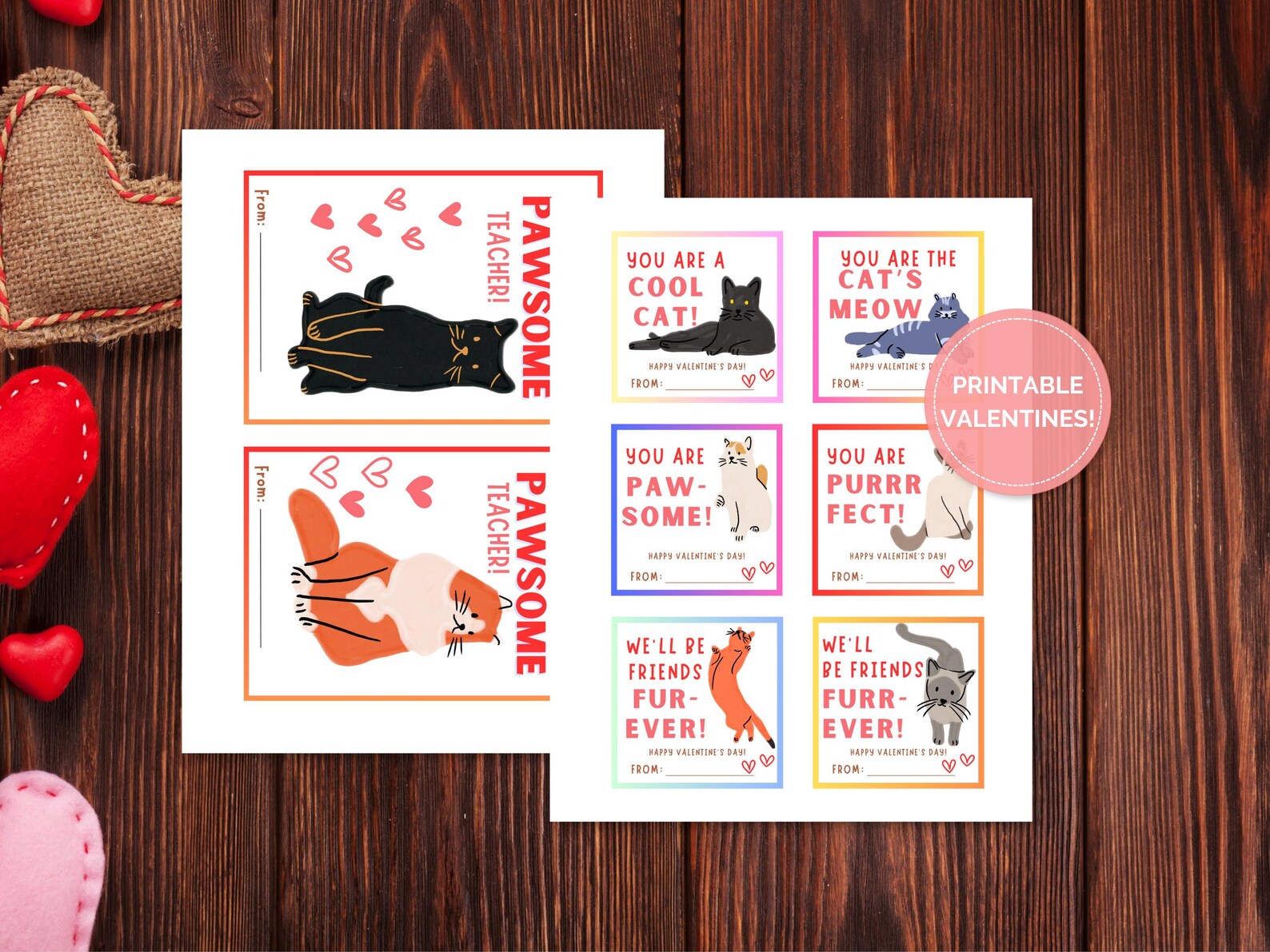Printable Cat Valentine's Day Cards, Classroom Valentine's Day Cards ...