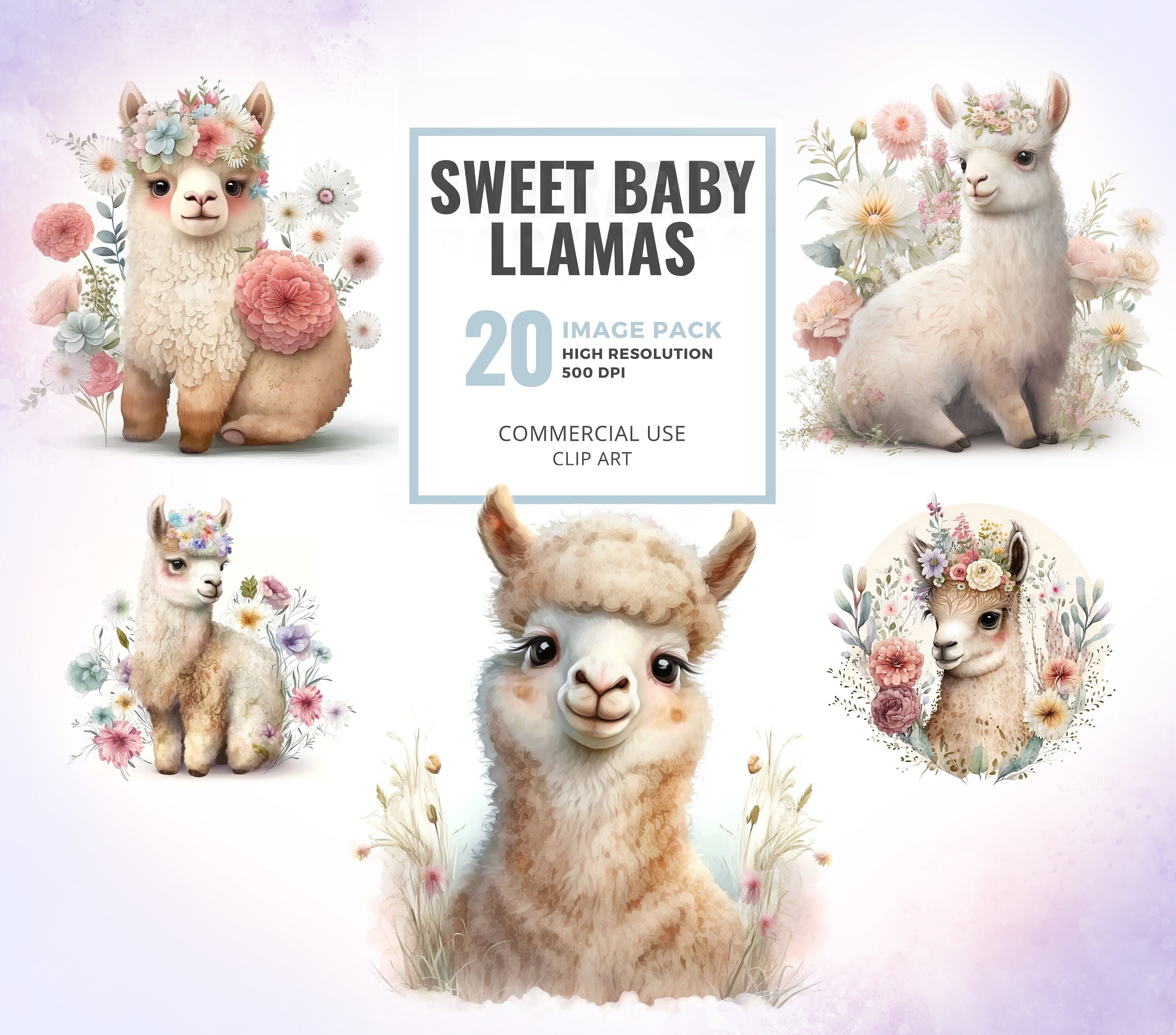 Watercolor Llamas, Clipart Pack, Baby Llamas, Clip Art for Commercial ...